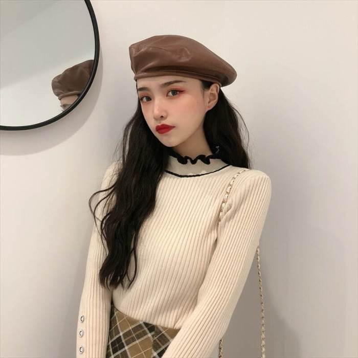 トップス レディース ニット セーター 袖あり 長袖 萌袖 ハイネック オフネック フリル ひらひら リブニット ツートンカラー 無地 黒 ブラック 白 : Violeta - 通販 ...