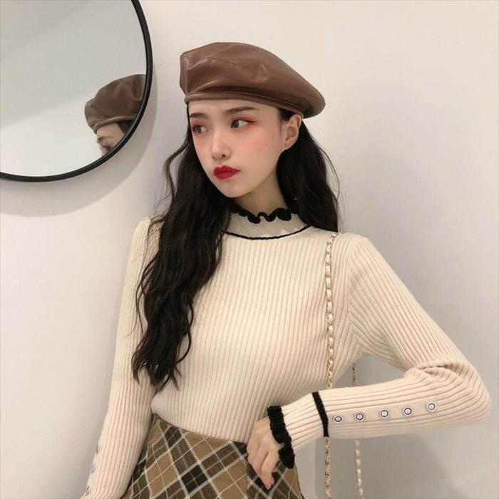 トップス レディース ニット セーター 袖あり 長袖 萌袖 ハイネック オフネック フリル ひらひら リブニット ツートンカラー 無地 黒 ブラック 白 : Violeta - 通販 ...