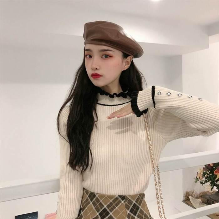 トップス レディース ニット セーター 袖あり 長袖 萌袖 ハイネック オフネック フリル ひらひら リブニット ツートンカラー 無地 黒 ブラック 白 : Violeta - 通販 ...