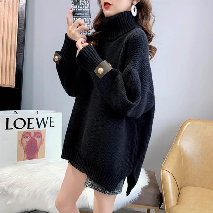 トップス レディース ニット セーター タートルネック 長袖 袖長め リブ ボタン ざっくり ゆる ゆったり 丈長め スリット 3色 無地 4サイズ 秋 冬 : ne3797 ...