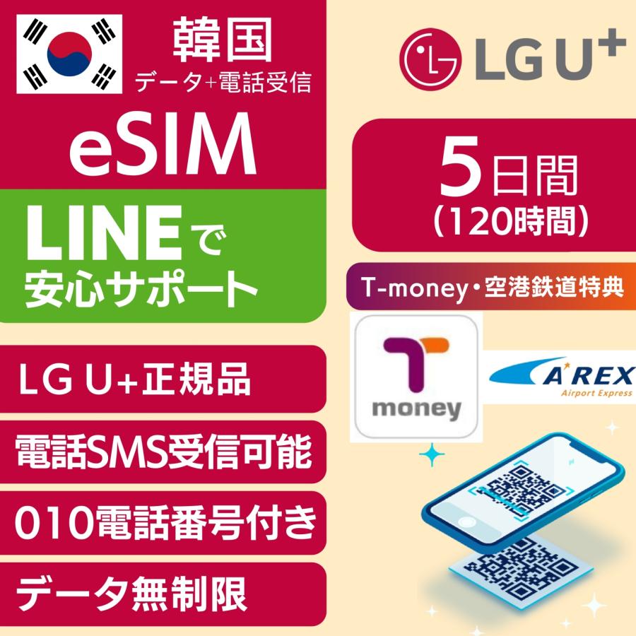 【公式 T-money イベント】【010 電話番号付き】 LG U+ 正規品 韓国 eSIM 5日間 120時間 韓国旅行 高速 4G LTE データ無制限 期限:12/31 : ビジョン ...
