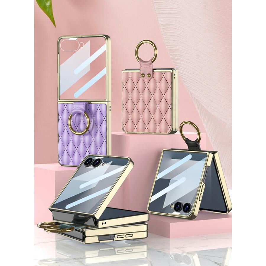 Galaxy Samsung Z Flip7 ケース 折りたたみ型 PC&強化ガラス&PUレザー 衝撃吸収 CASE 軽量 ストラップホール ...