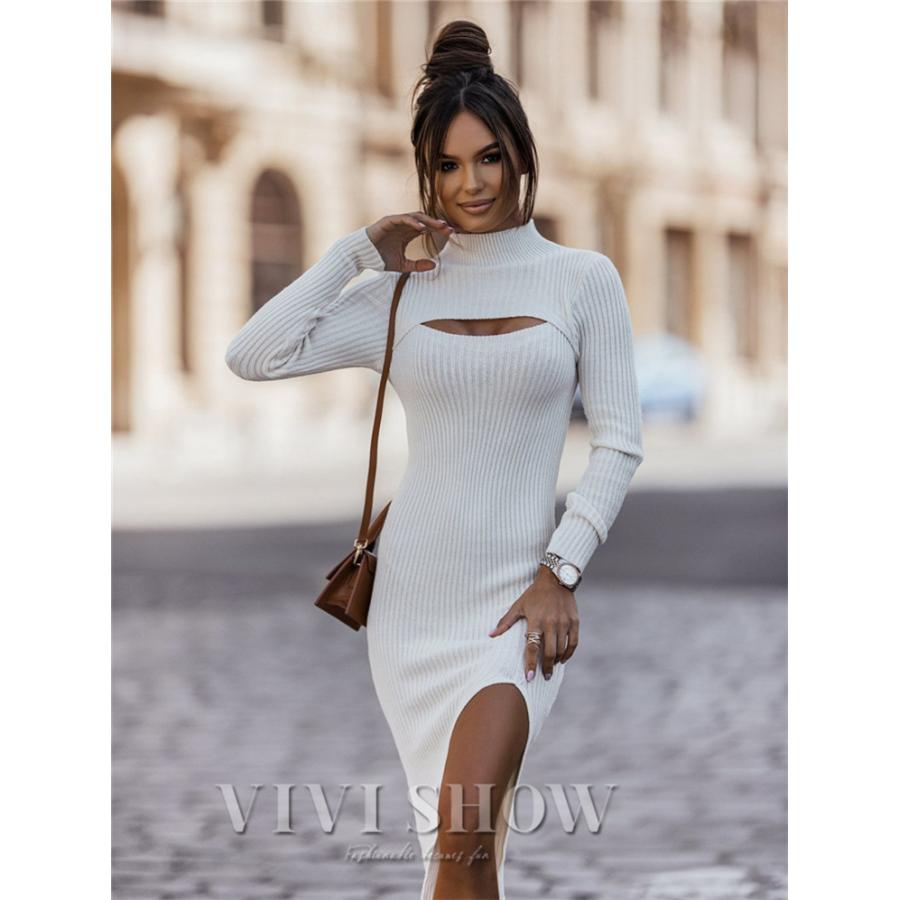 レディース 長袖 ワンピース ワンピ カットアウト ハイネック 膝丈