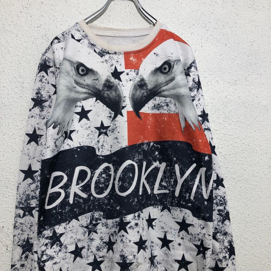 プリント スウェット トレーナー M ホワイト ネイビー レッド 星条旗 モチーフ タカ ブルックリン 古着卸 アメリカ仕入 a511 ...