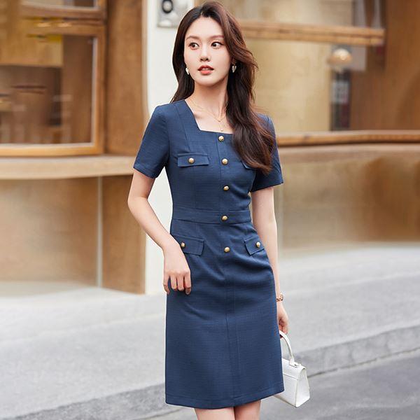 ワンピース OL 通勤 ワンピ オフィス 制服 ビジネス フォーマル 卒業式 入学式 上品デザイン！飾りボタンデザイン半袖ワンピース S M L 2L 3L 4L 5L セール : スーツ ...