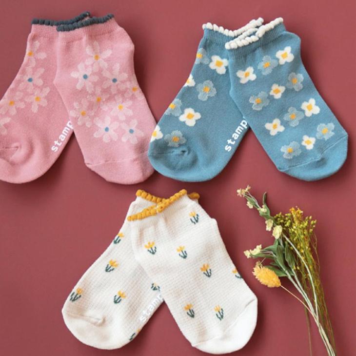 スタンプル キッズ 靴下 3足セット 女の子 13-21cm 子供用 stample フラワーパターン アンクルソックス 3足組 ジュニア ガールズ 花柄 ガーリー /72702 ...