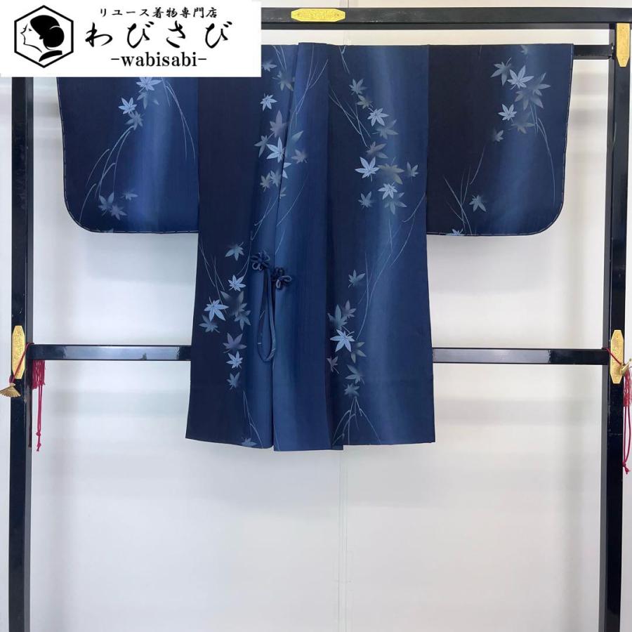 道中着 紅葉柄 縦柄暈し 濃紺色 ガード加工 H-4057 : h-4057 : リユース着物わびさび Yahoo!店 - 通販 - Yahoo!ショッピング
