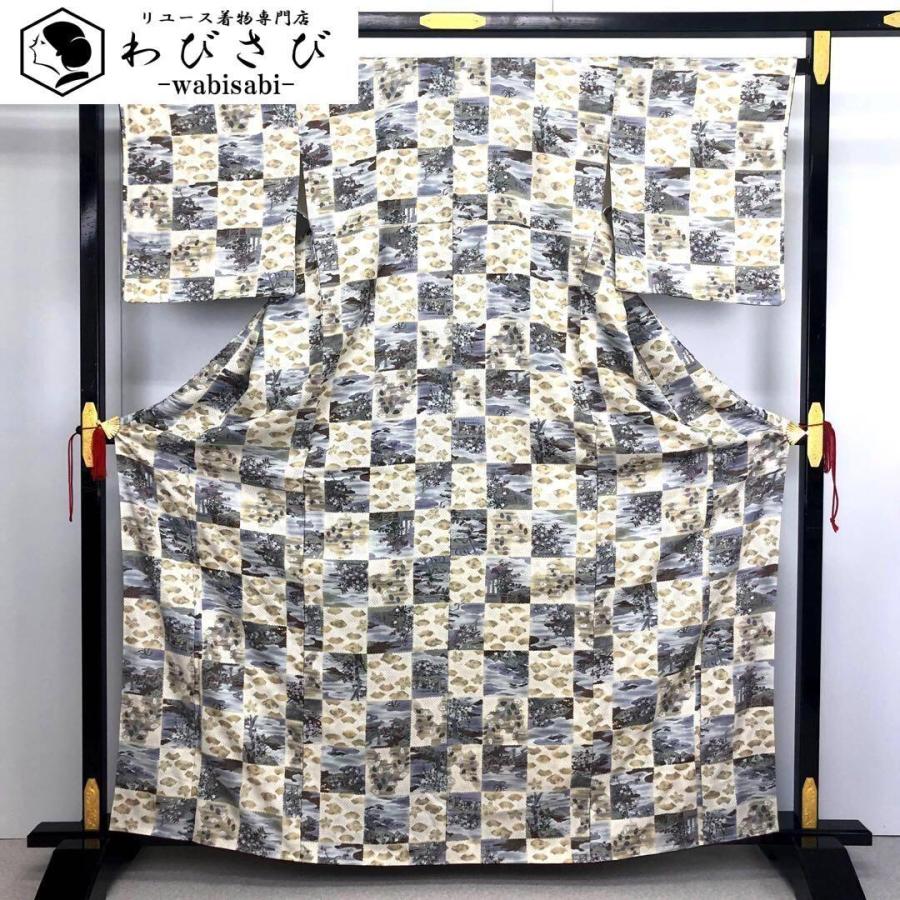 小紋 市松模様の中に花柄 風景 金彩 トールサイズ しつけ糸 K-2777 : リユース着物わびさび Yahoo!店 - 通販 - Yahoo!ショッピング
