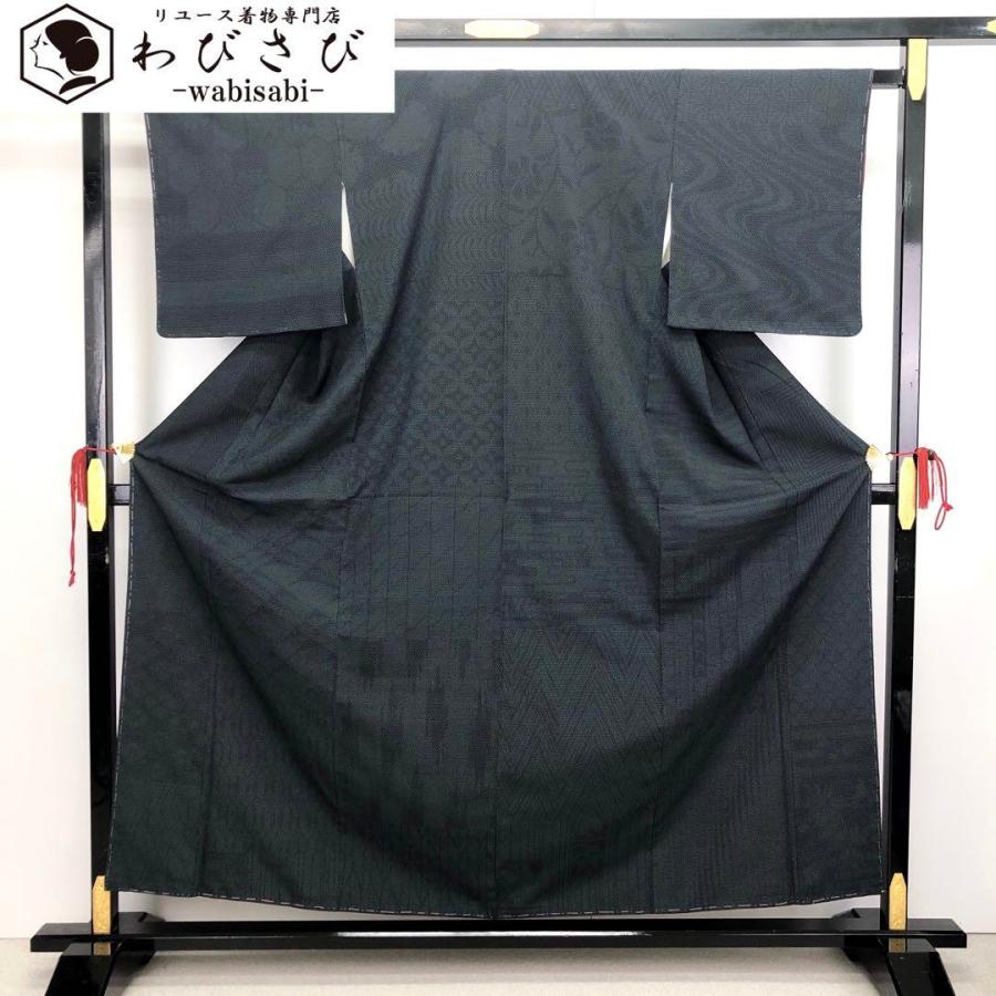 本塩沢紬 やまだ織 雪の中のきれ 証紙付 寄せ柄 しつけ糸 藍色 K-3136 : リユース着物わびさび Yahoo!店 - 通販 - Yahoo!ショッピング