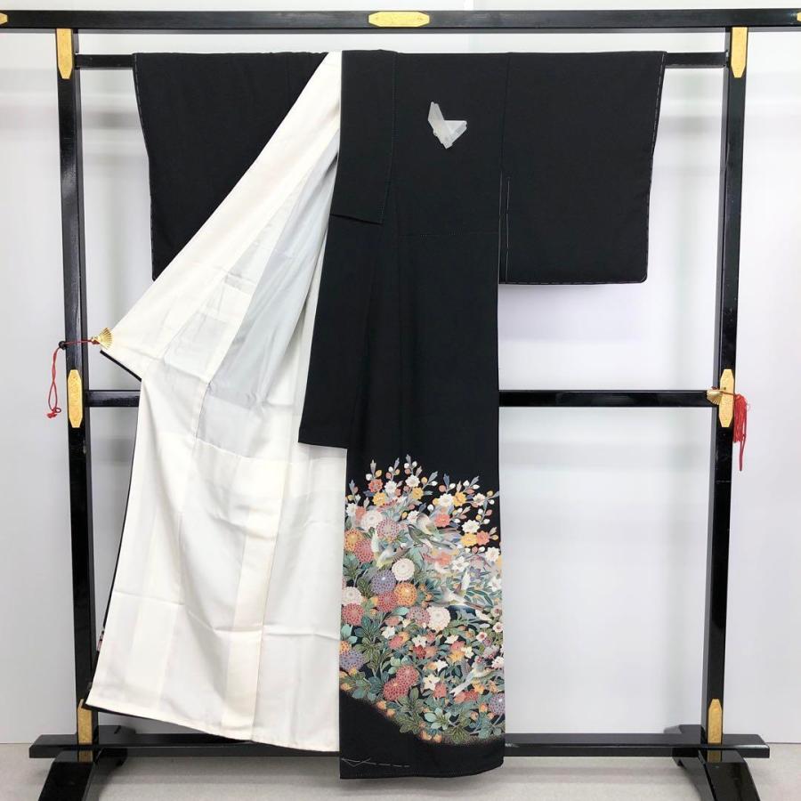 黒留袖 作家物 友禅 美しい花々に鳥 しつけ糸 K-3268 : リユース着物わびさび Yahoo!店 - 通販 - Yahoo!ショッピング