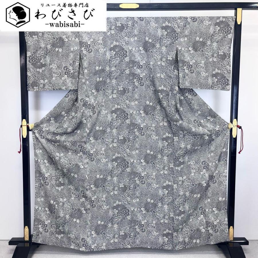 夏着物 小紋 縦絽 型染 牡丹と菊の花模様 モノトーン K-3832 : リユース着物わびさび Yahoo!店 - 通販 - Yahoo!ショッピング