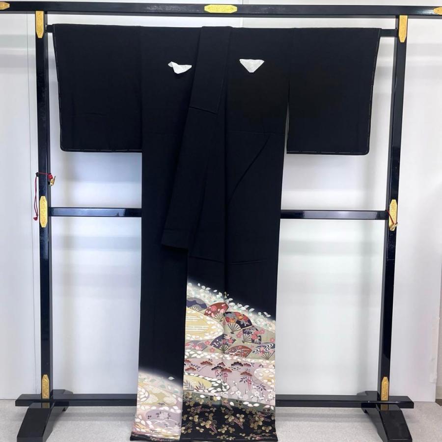 黒留袖 流水に花模様 扇子 金駒刺繍 しつけ糸 トールサイズ K-3973 : リユース着物わびさび Yahoo!店 - 通販 - Yahoo!ショッピング