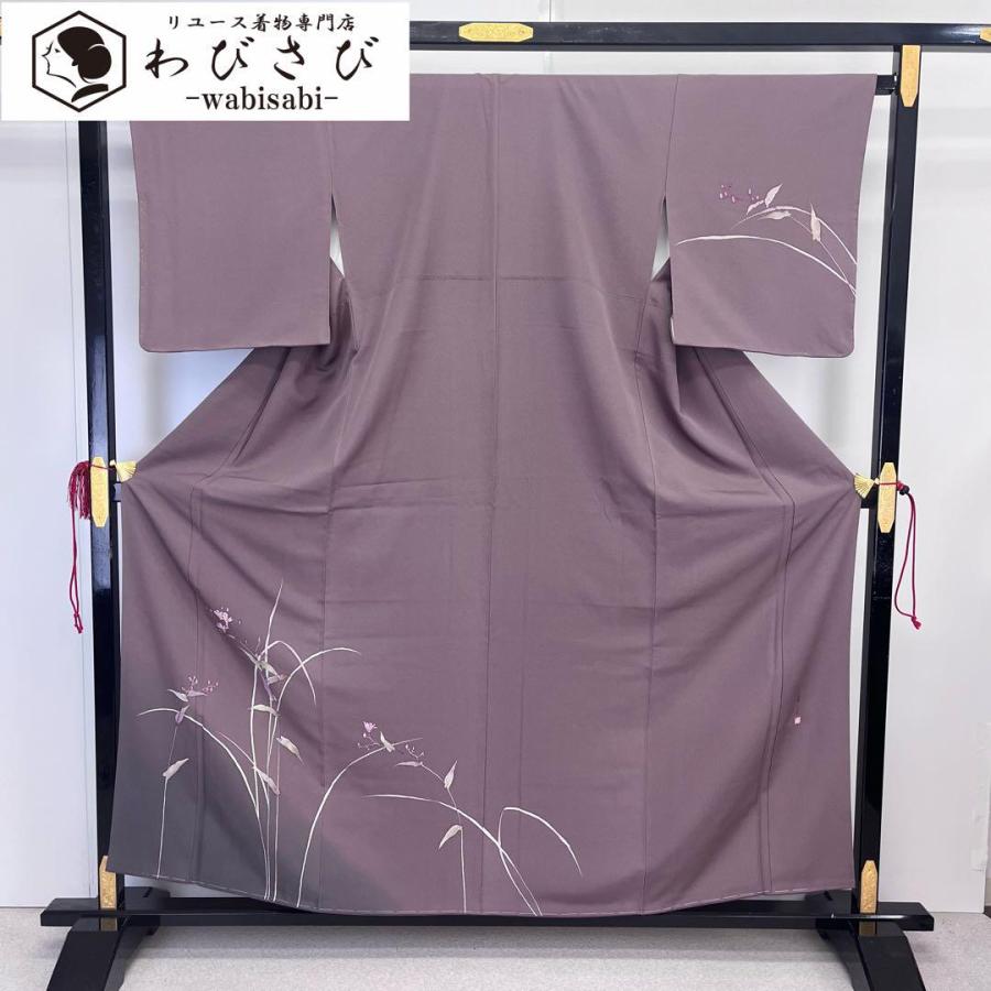 付下げ 手描友禅女流作家 一色生子 花模様 鳩羽色 縮緬 しつけ糸 K-4118 : k-4118 : リユース着物わびさび Yahoo!店 - 通販 - Yahoo!ショッピング