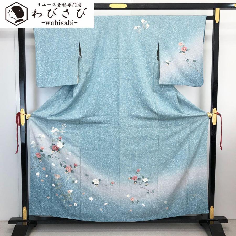 訪問着 上品な花模様 叩き染 暈し 砧青磁色 縮緬 K-4121 : k-4121 : リユース着物わびさび Yahoo!店 - 通販 - Yahoo!ショッピング