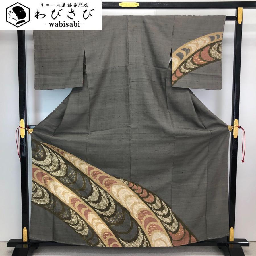 訪問着 生紬 絞り柄 金彩 薄墨色 しつけ糸 K-4270 : k-4270 : リユース着物わびさび Yahoo!店 - 通販 - Yahoo!ショッピング