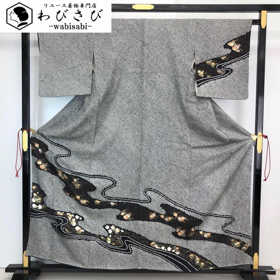 訪問着 総絞り 流水に金彩花模様 黒色 ガード加工 K-4401 着物 きもの kimono 和服 和装 中古 リサイクル着物 【送料無料】 : リユース着物わびさび Yahoo!店 - 通販 ...