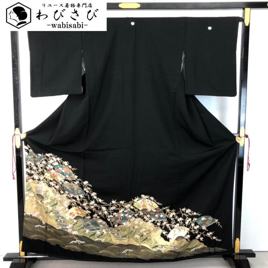 黒留袖 扇子に花模様 松竹梅 鶴 金駒刺繍 金彩 K-4906 着物 きもの kimono 和服 和装 中古 リサイクル着物 【送料無料】 : リユース着物わびさび Yahoo!店 - 通販 ...