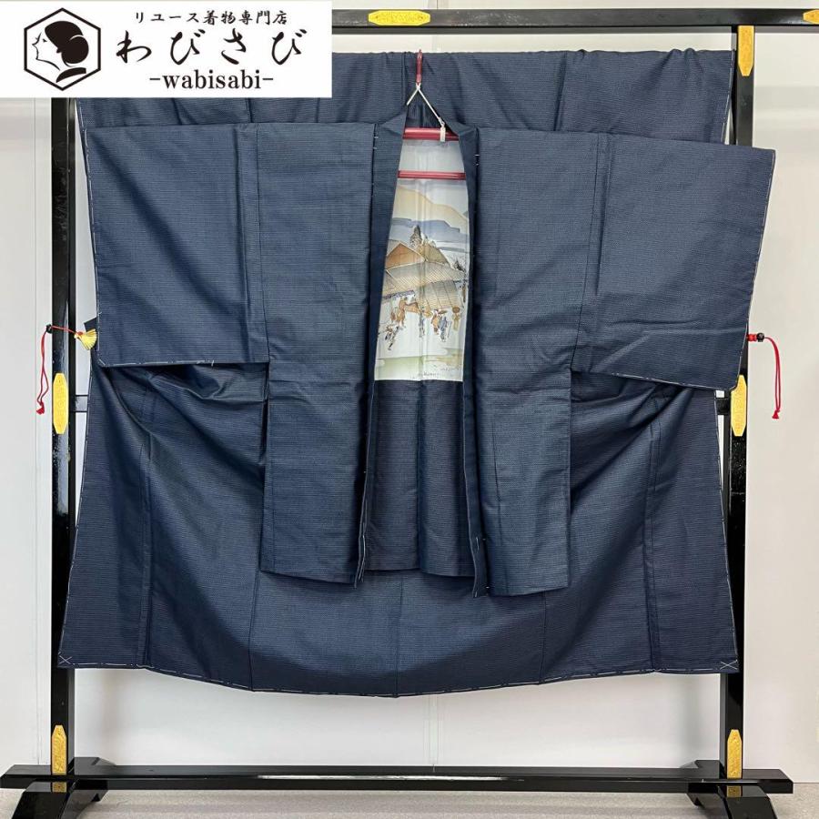 男着物 アンサンブル お召 100亀甲 藍色 しつけ糸 M-1065 : m-1065 : リユース着物わびさび Yahoo!店 - 通販 - Yahoo!ショッピング