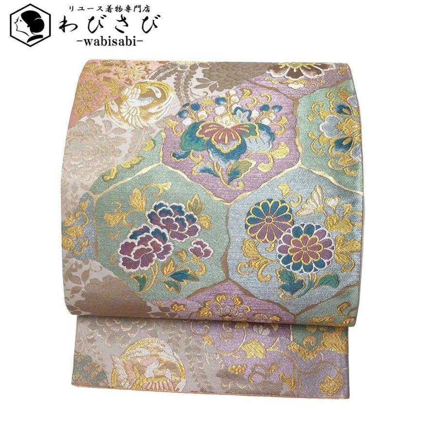 袋帯 華の彩り 美しい華模様に鳳凰 金銀糸 白練色 O-3544 : リユース着物わびさび Yahoo!店 - 通販 - Yahoo!ショッピング