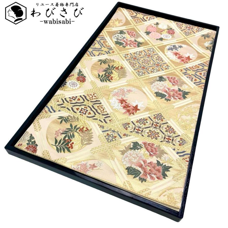 袋帯 斜め格子模様に花柄 牡丹 紅葉 南天 菊 金糸 生成り色 O-3863 : リユース着物わびさび Yahoo!店 - 通販 - Yahoo!ショッピング