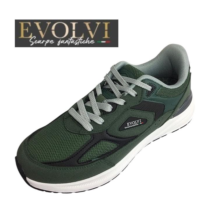 【EVOLVI エボルヴィ EV-1001 グリーン】メンズ スニーカー 靴 幅広 4E 体幹 脚長 厚底ソール 通気性 履きやすい 歩き ...