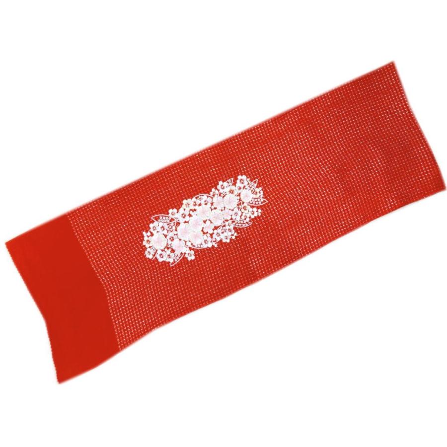 帯揚げ 帯上げ 銀通し ふくれ織 刺繍入り 正絹 赤色地八重梅枝 丹後