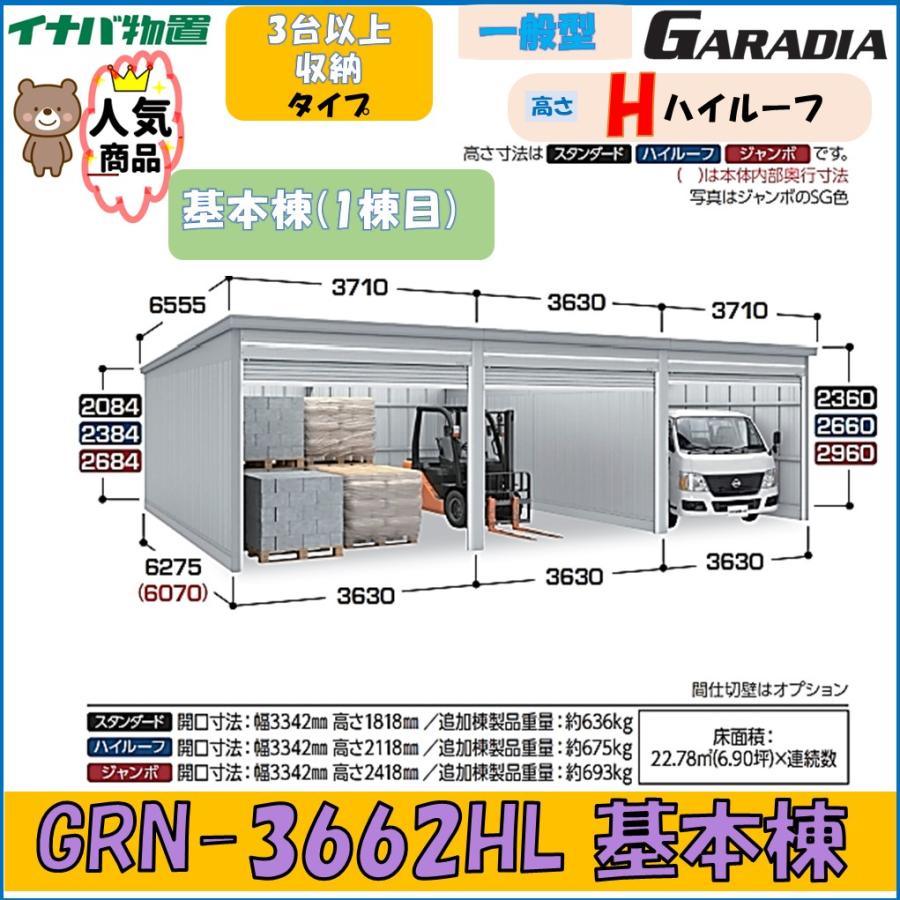 ガレーディア イナバ GRN-3662HL 基本棟 ハイルーフ 一般型 3台以上収納タイプ※東海地区 岐阜県・愛知県・三重県限定販売 ※一部地域を除く : only one shop - 通販 ...