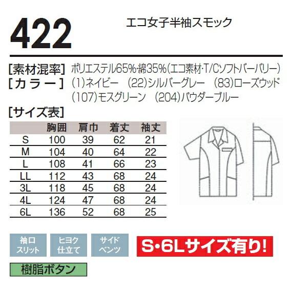 春夏用作業服 作業着 エコ女子半袖スモック 422（S〜LL） 421シリーズ 桑和（SOWA） お取寄せ : WatanabeWORK渡辺商会SideISLAND - 通販 - Yahoo ...