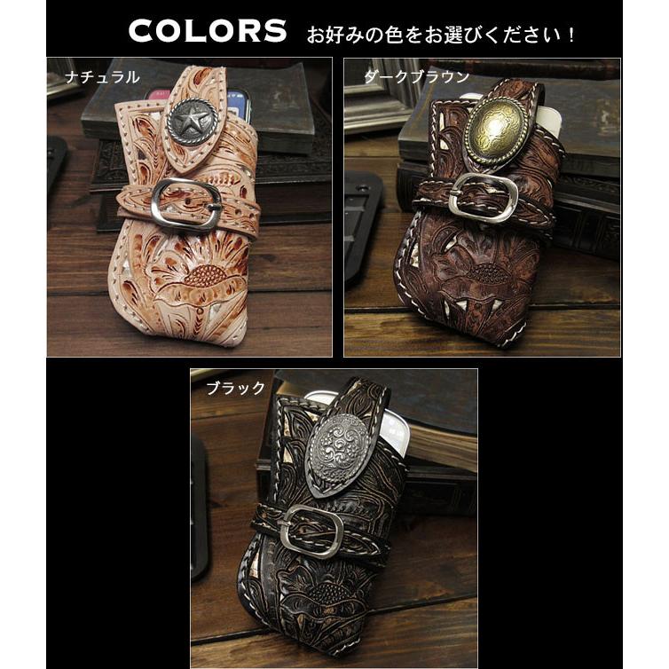 カービング スマホ/iPhoneケース スマホホルダー 本革 ヌメ革 サドルレザー ナチュラル ダークブラウン ブラック 3色 コンチョ付き Sサイズ(ID bp253b19)za004 ...