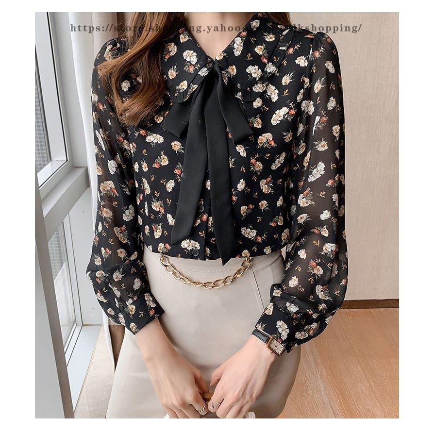 ブラウス トップス 長袖 透け感 ボウタイリボン リボン きれいめ 食事