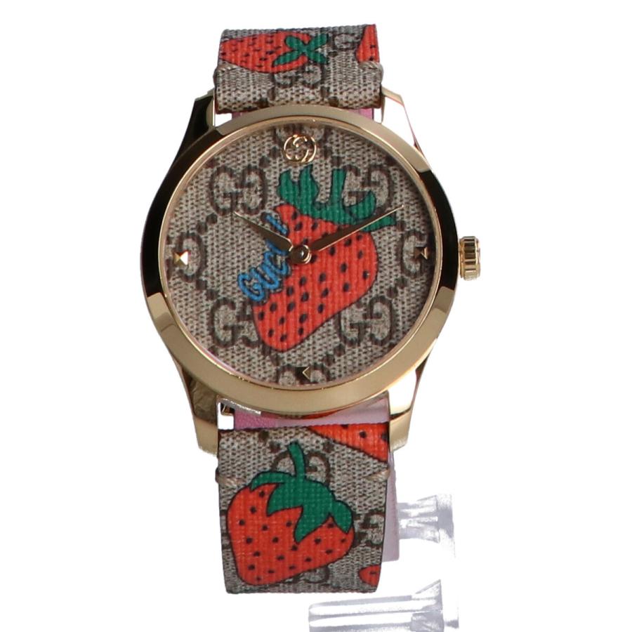 GUCCI 美品/ グッチ YA1264133 Gタイムレス ストロベリープリント GGスプリーム クオーツ 腕時計 ゴールド/ベージュ ...