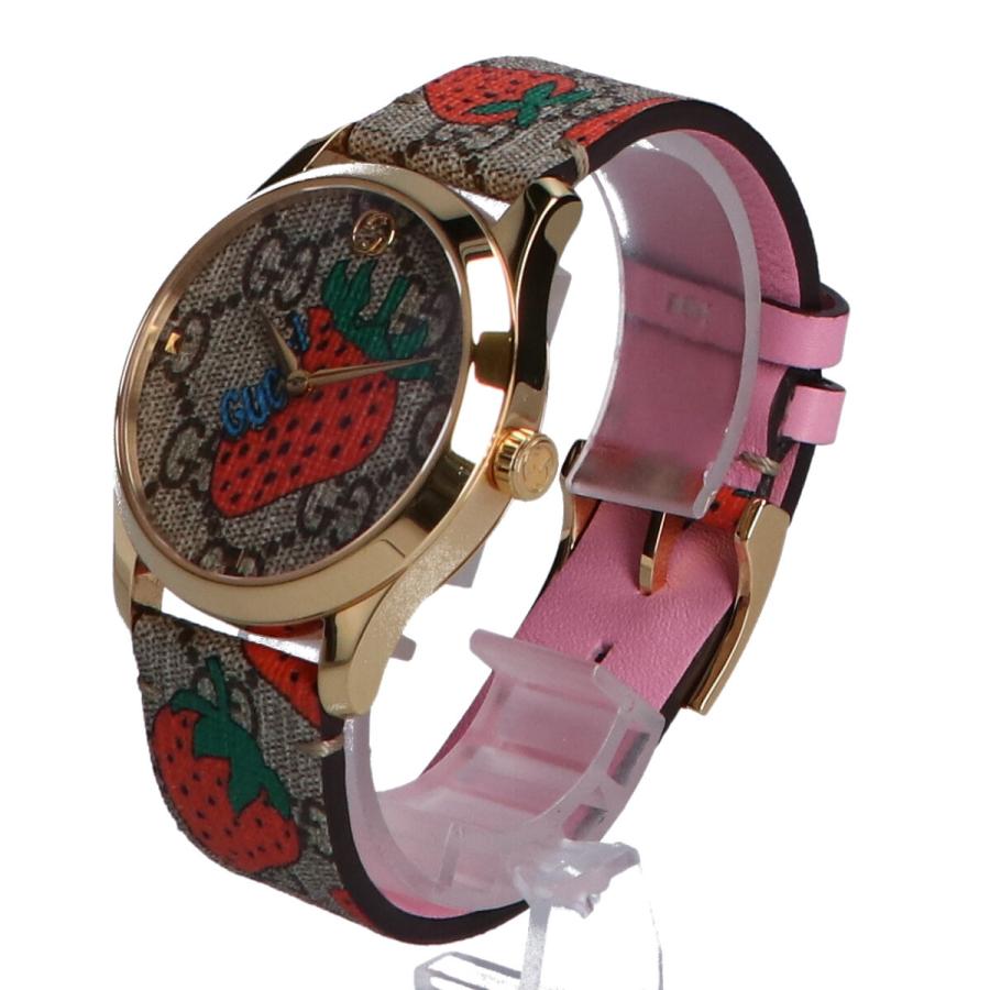 GUCCI 美品/ グッチ YA1264133 Gタイムレス ストロベリープリント GGスプリーム クオーツ 腕時計 ゴールド/ベージュ ...