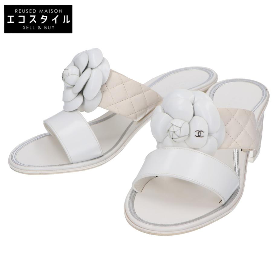 CHANEL 美品 シャネル IG32781 カメリアモチーフ キルティングレザー チャンキーヒール サンダル 35C ホワイト レディース : ブランドリユースショップエコスタイル - 通販 ...