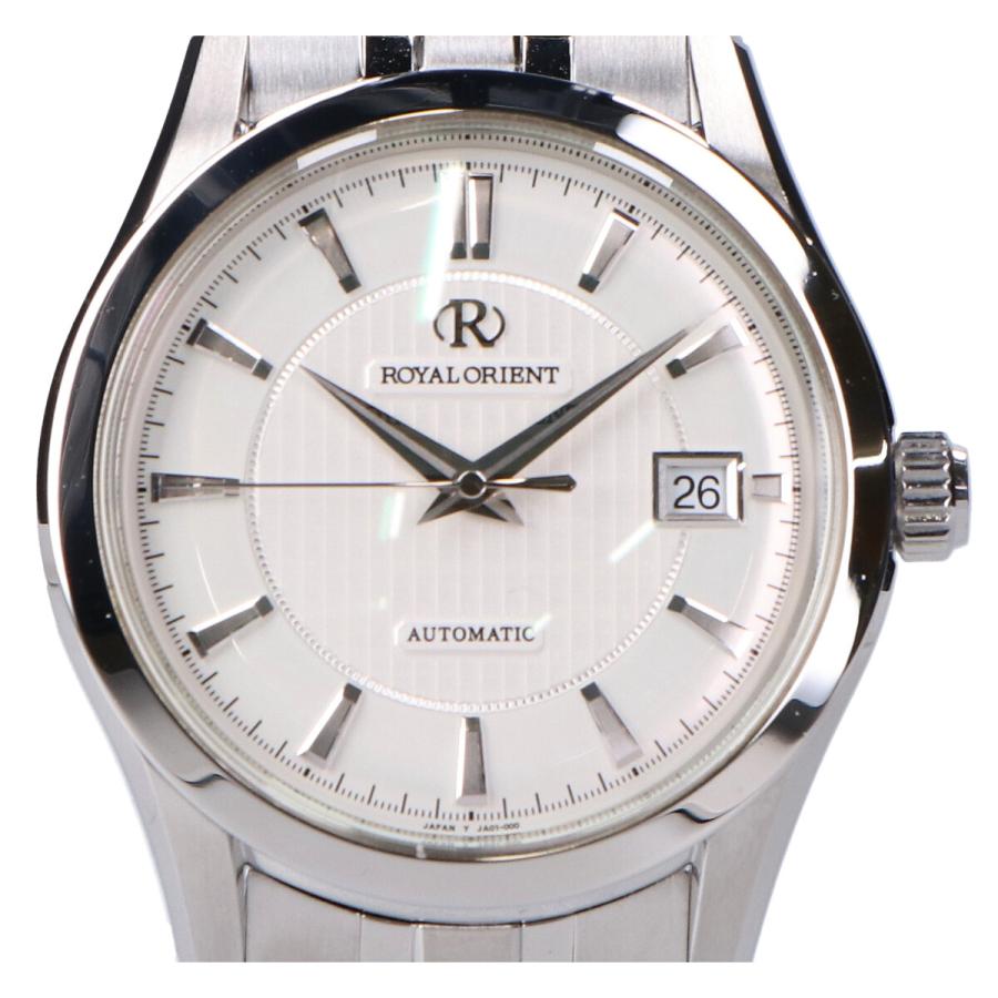 新品同様/ Royal Orient ロイヤルオリエント WE0021JA スケルトンバック デイト 自動巻き 腕時計 シルバー メンズ ...