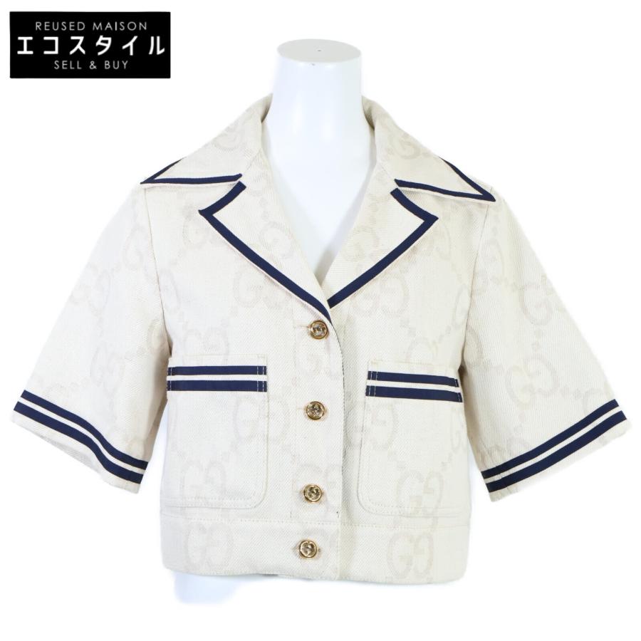 GUCCI 国内正規 グッチ 691840 マキシGG コットンリネン ショート ジャケット 40 アイボリーxネイビー レディース ...