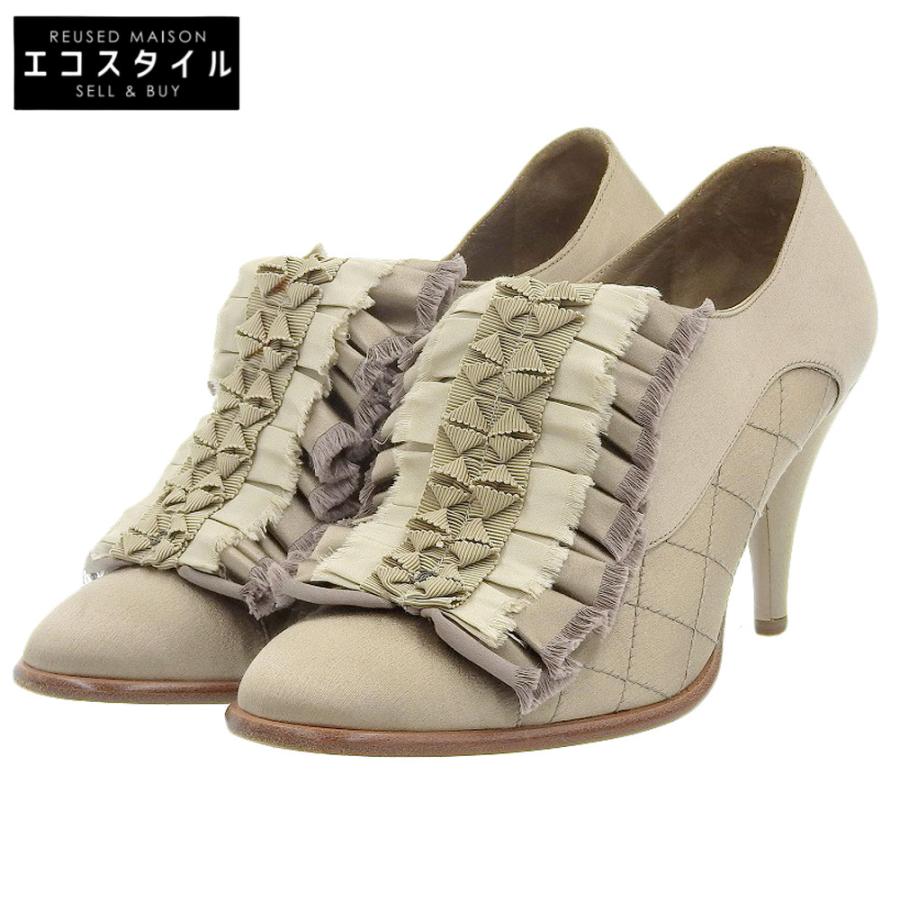 CHANEL 美品 シャネル サテン リボン フリル デザイン ヒール ショートブーツ ブーティ レディース ベージュ 38C : ブランドリユースショップエコスタイル - 通販 ...