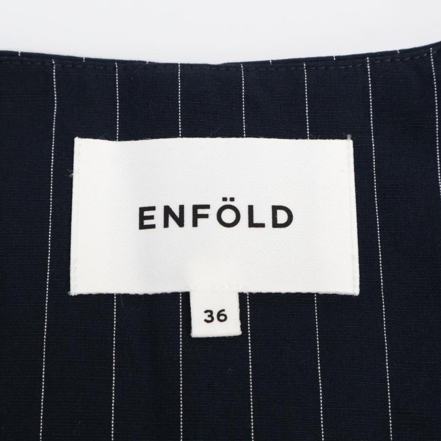 美品/21年製 ENFOLD エンフォルド 300EA130-0190 コットンリネン ピンストライプ ノーカラールーズ ジャケット 36 ネイビー レディース ...