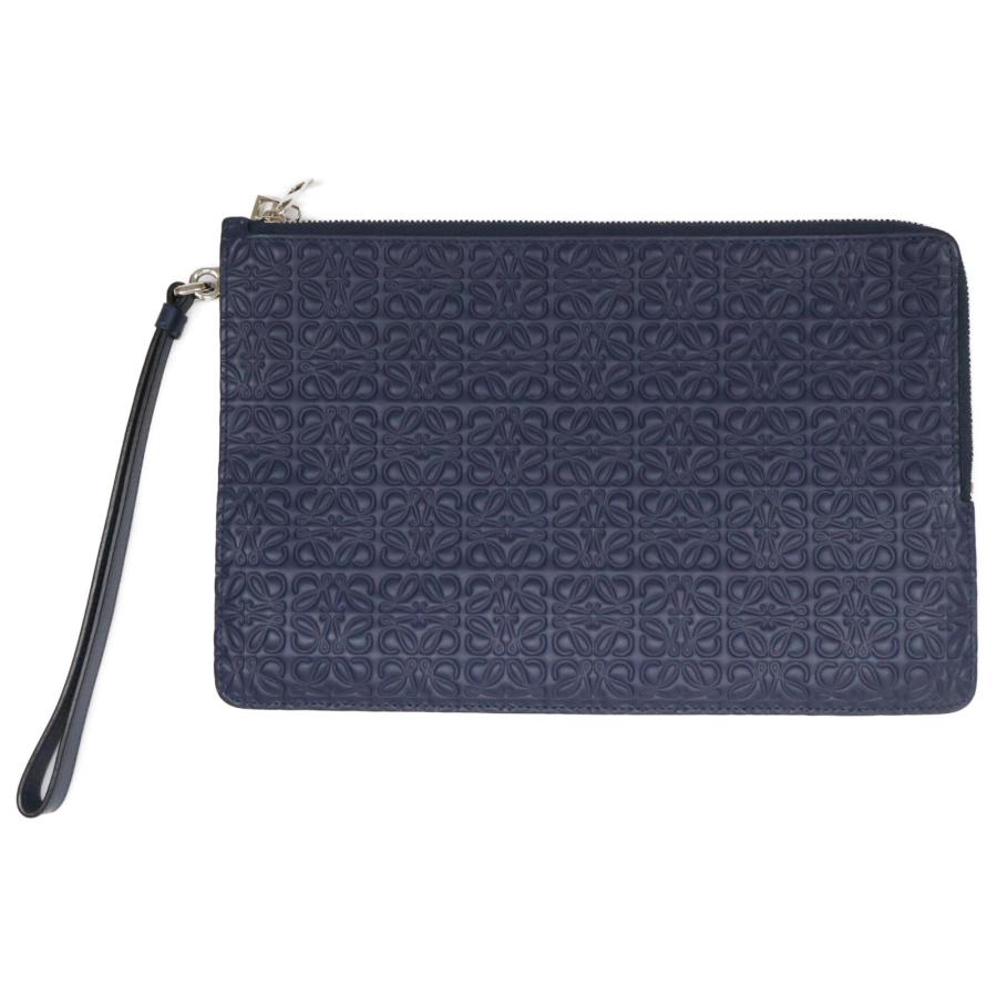美品 LOEWE ロエベ 107.55.M81 DOUBLE FLAT POUCH レザー アナグラム ダブルフラットポーチ / クラッチバッグ ネイビー メンズ ...