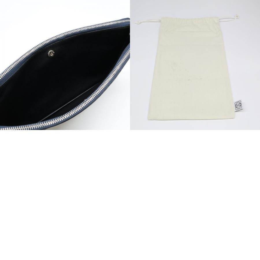 美品 LOEWE ロエベ 107.55.M81 DOUBLE FLAT POUCH レザー アナグラム ダブルフラットポーチ / クラッチバッグ ネイビー メンズ ...