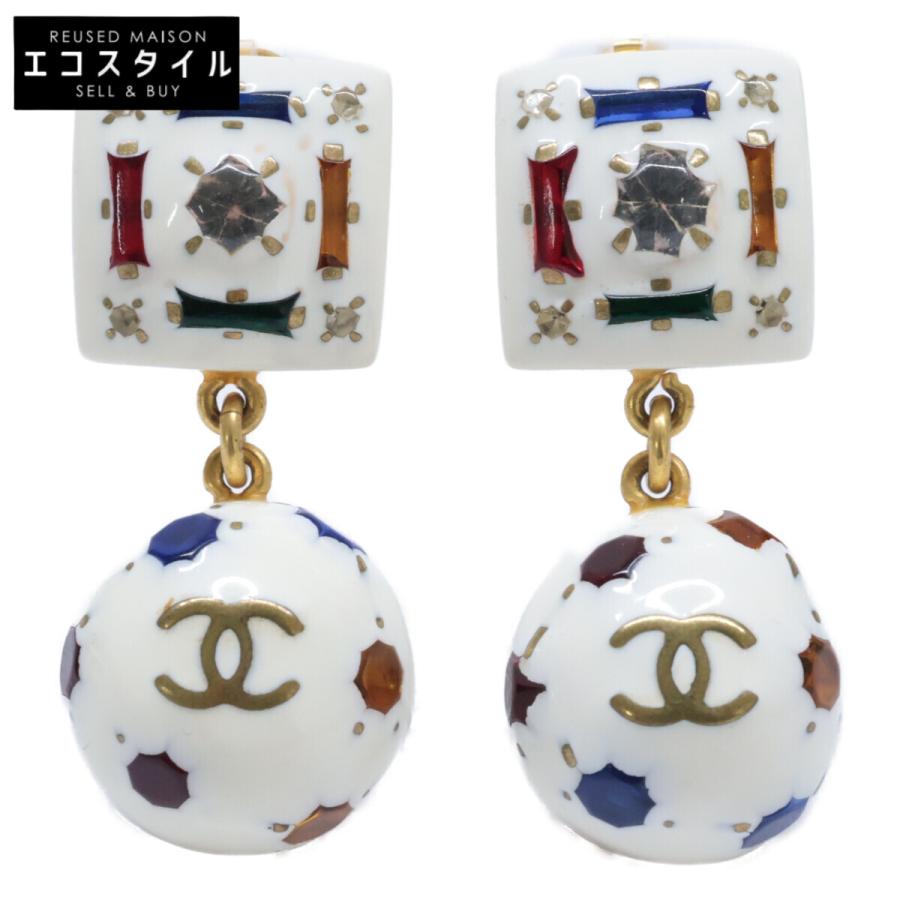CHANEL（シャネル） 美品/ 98P ココマーク サッカーボールモチーフ マルチストーン イヤリング ゴールド/ホワイト レディース ...