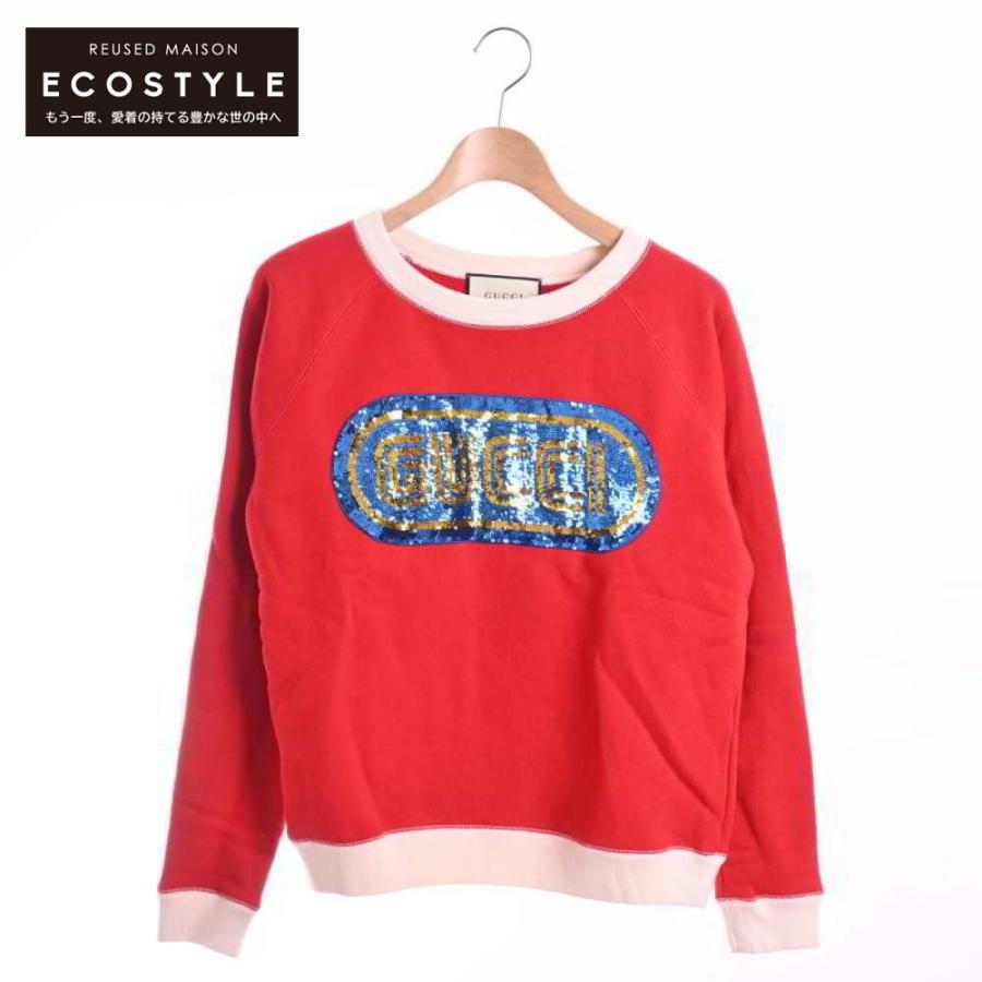 美品/国内正規 GUCCI グッチ 515013-X9Y53 スパンコールロゴ クルーネック スウェットシャツ/ トップス S レッド ...