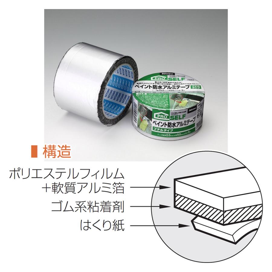 テープ プロセルフ ペイント防水アルミテープ ブチルタイプ 厚さ0.5mm×幅50mm×長さ5m J3304 ニトムズ 防水テープ アルミ ...