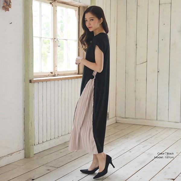 ワンピース ポンチサイドプリーツフレンチスリーブワンピース レディース 異素材切替ワンピ ロング ブラック グレー ベージュ フリーサイズ ...