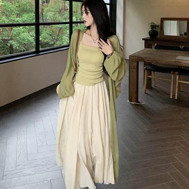 セットアップ レディース エスニック キャミソール+スカート+アウター 3点 タンクトップ セット 夏 春 秋 日焼け止め タッセル ノースリーブ SLSC005(2色S-2XL ...