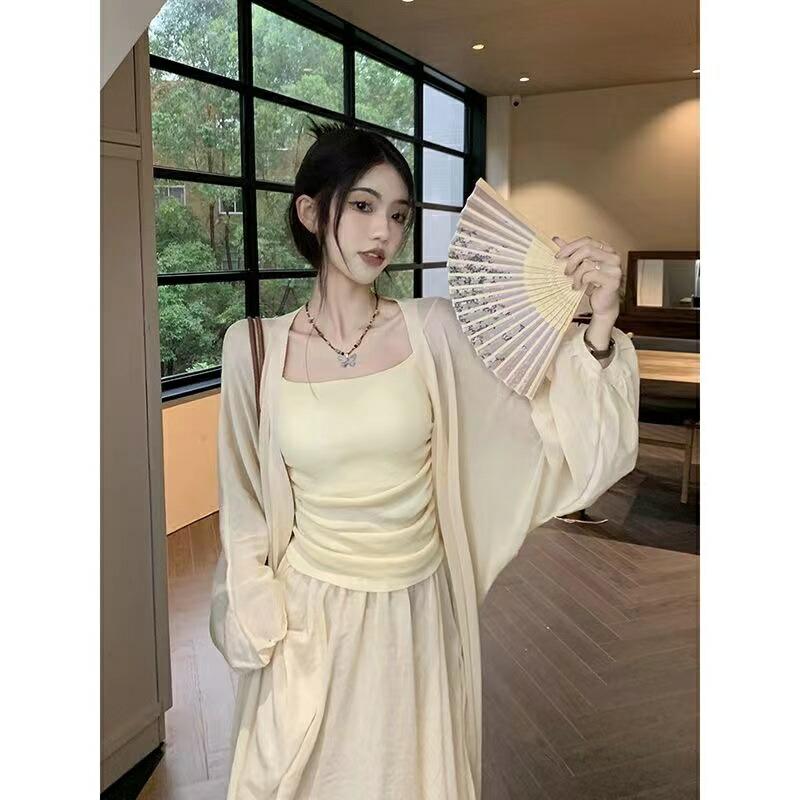 セットアップ レディース エスニック キャミソール+スカート+アウター 3点 タンクトップ セット 夏 春 秋 日焼け止め タッセル ノースリーブ SLSC005(2色S-2XL ...