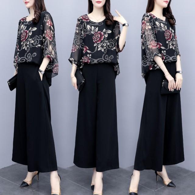 パンツドレス かっこいい 袖あり 黒 結婚式 お呼ばれ ドレス パンツ 20代 30代 40代 50代 パーティードレス セットアップ 大きいサイズ 花柄 3L 4L : wuupa - 通販 ...