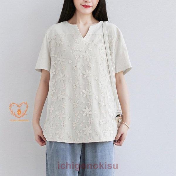 ブラウス レース 刺繍 フラワー トップス レディース ファッション 体型カバー プルオーバー チュニック 花柄 半袖 vネック : tinn230621bs98 : wuupa - 通販 ...