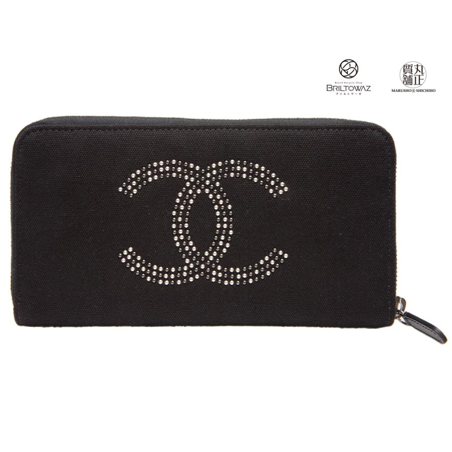 CHANEL シャネル ココマーク スタッズ ラウンドファスナー 長財布 2019SS AP0133 黒 シルバー金具 コットン/レザー レディース（M210306） : 質屋 丸正質舗 ...