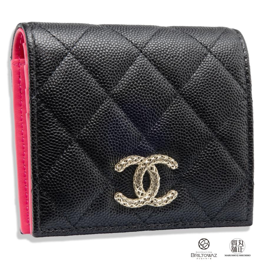 (直営買付)シャネル 23P ココマーク バイカラー スモールウォレット AP3185 黒/ピンク キャビア 限定 二つ折り ミニ財布 ...