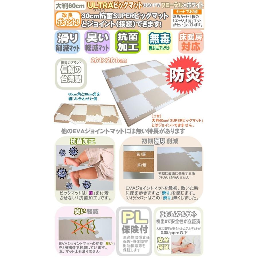 防炎ラベル付き ジョイントマット 大判60cm 厚み1.6cm 抗菌加工 ULTRAビックマット フローラル×ホワイト U60-FW2 厚手 防音 床暖房 赤ちゃん : oemショップ ...